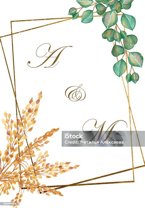 수채화 손 그린 자연 웨딩 프레임 녹색 유칼립투스 잎 노란색 시리얼 곡물 가지와 결혼식 초대 및 인사말 카드에 대 한 흰색 배경에 황금 테두리 라인 가을에 대한 스톡 벡터