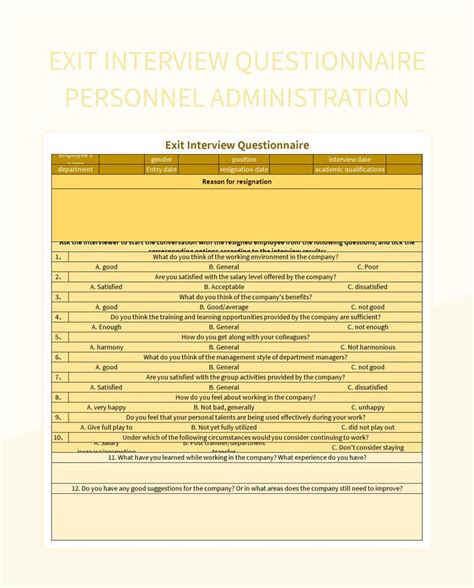 Exit Interview Questionnaire Personnel Administration Excel Template And Google Sheets File For