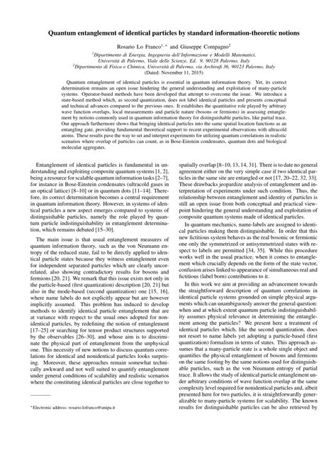 Pdf Quantum Entanglement Of Identical Particles By Standard Information Theoretic Notions