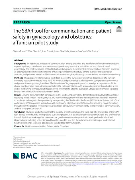 Pdf The Sbar Tool For Communication And Patient Safety In Gynaecology And Obstetrics A