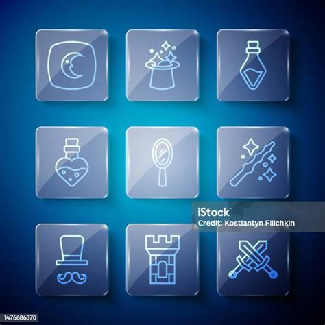 세트 라인 마술사 캐슬 타워 교차 중세 검 물약이 든 병 손 거울 달 별 및 지팡이 아이콘 벡터 0명에 대한 스톡 벡터 아트 및 기타 이미지 Istock