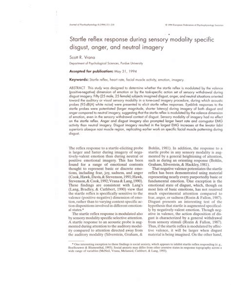 Pdf Startle Reflex Response During Sensory Modality Specific Disgust