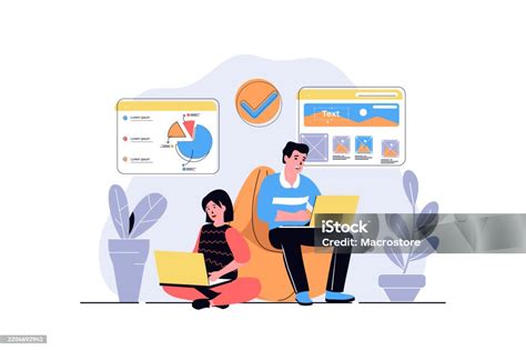 만화 사람들 디자인을 가진 프리랜서 작업 웹 개념 노트북에서 데이터 분석을 하는 여성과 안락의자에 앉아 웹페이지를 디자인하는 남성 흰색 배경에 고립 된 평면 벡터 그림입니다