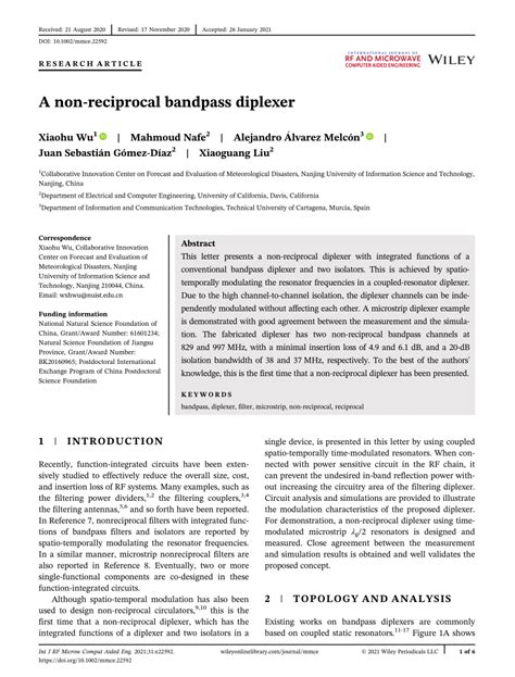 A Non‐reciprocal Bandpass Diplexer Request Pdf