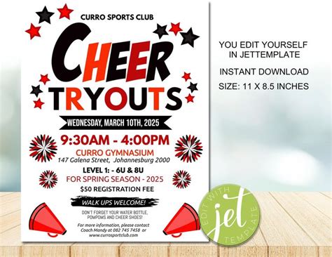 Editable Cheer Tryout Flyer Template Cheerleading Team Tryouts