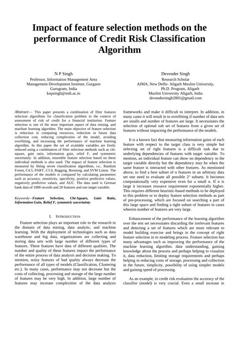 Pdf Impact Of Feature Selection Methods On The Perfromance Of Credit