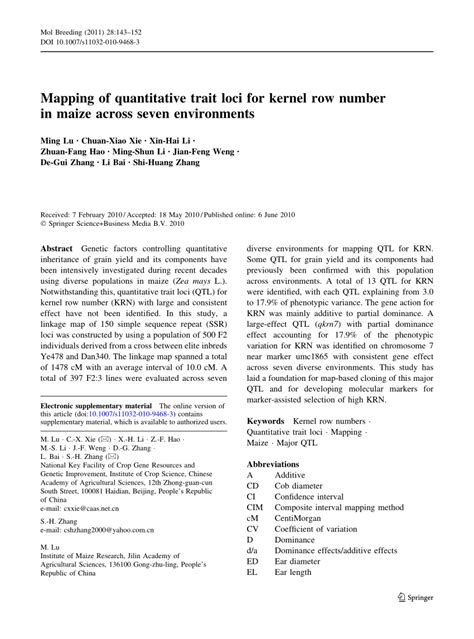 Pdf Mapping Of Quantitative Trait Loci For Kernel Row Number In Maize Across Seven Environments