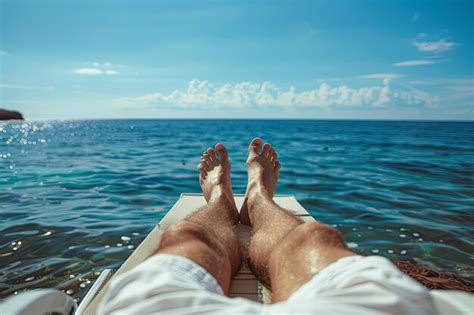 The Man Relaxing On Sunbed And Looking At The Sea Only Legs Are Visible