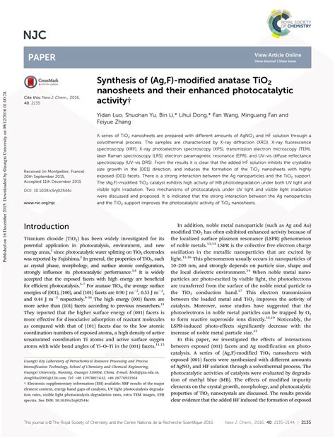 Pdf Synthesis Of Ag F Modified Anatase Tio2 Nanosheets And Their
