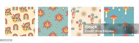 그루비 매끄러운 패턴 히피 복고풍 섬유 디자인 재미있는 상징입니다 트렌디한 복고풍 트리피 스타일의 벡터 배경 세트 히피 60 년대 70 년대 스타일 태양 하늘에 대한 스톡