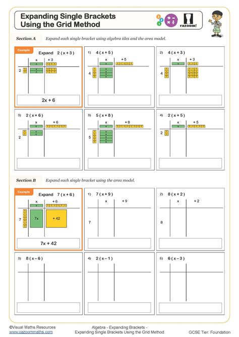 Expanding Double Brackets A Using The Grid Method Worksheet Cazoom
