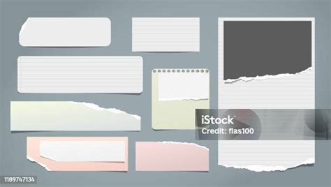 찢어진 흰색과 화려한 노트 노트북 빈 파란색 배경에 붙어 줄 지어 종이 조각의 집합 벡터 일러스트레이션 0명에 대한 스톡 벡터 아트 및 기타 이미지 Istock