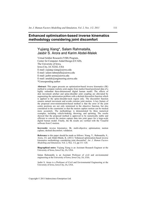 pdf enhanced optimisation based inverse kinematics methodology