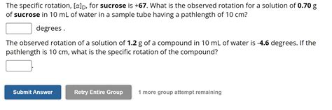 Solved The Specific Rotation α D ﻿for Sucrose Is 67