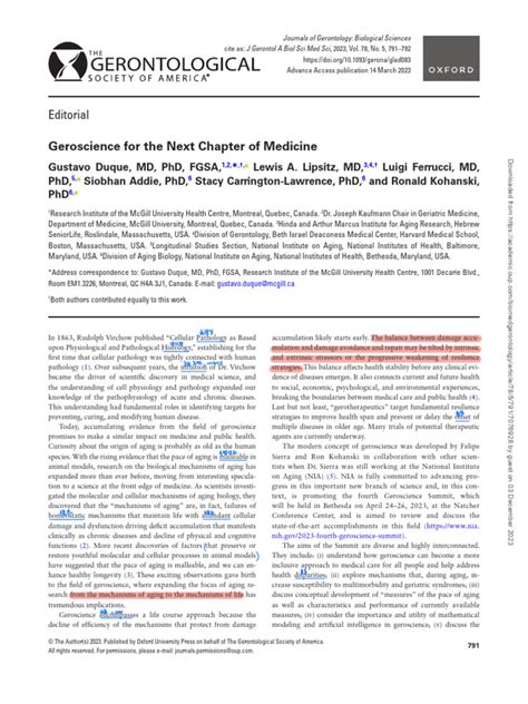 Geroscience For The Next Chapter Of Medicine Pdf