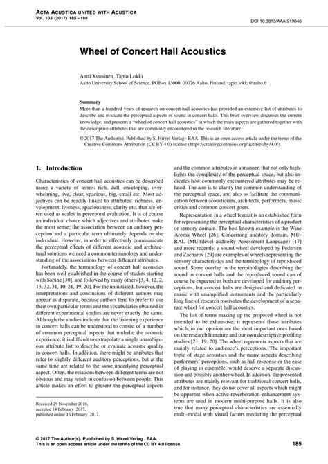 Pdf Acta Acustica United With Acustica Wheel Of Concert Hall Acoustics