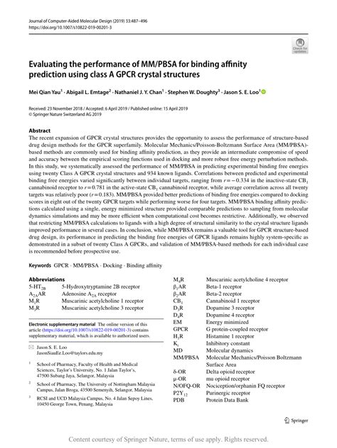 Evaluating The Performance Of Mm Pbsa For Binding Affinity Prediction
