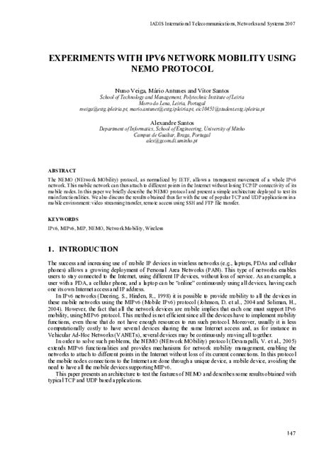 pdf experiments with ipv6 network mobility using nemo protocol