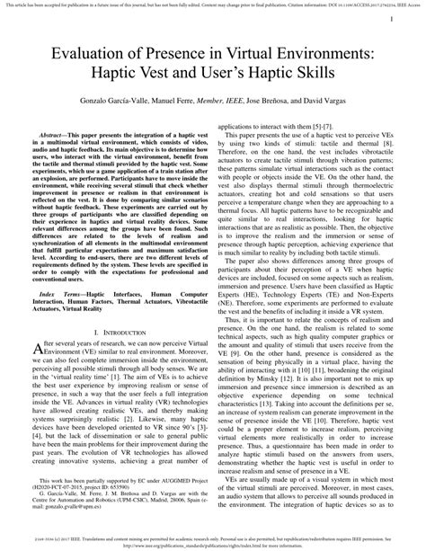 Pdf Evaluation Of Presence In Virtual Environments Haptic Vest And Users Haptic Skills