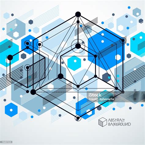 현대 등각 투영 벡터 추상적인 기하학적 요소와 파란색 배경 큐브 육각형 사각형 사각형 및 다른 추상 요소 레이아웃 0명에 대한 스톡 벡터 아트 및 기타 이미지 Istock