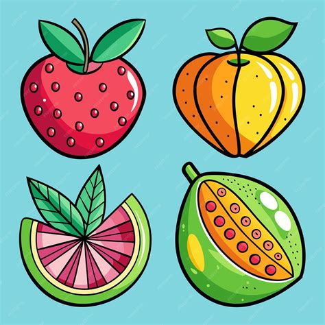 A Colorful Illustration Of Four Fruits A Red Apple A Yellow Orange A
