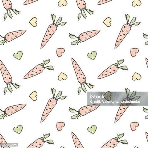 흰색 배경에 당근과 귀여운 마음이 있는 완벽 한 패턴입니다 간단한 유치한 손으로 그린 스타일의 벡터 그림 0명에 대한 스톡 벡터