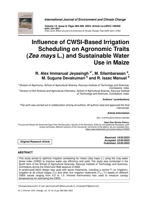 Pdf Influence Of Cwsi Based Irrigation Scheduling On Agronomic Traits