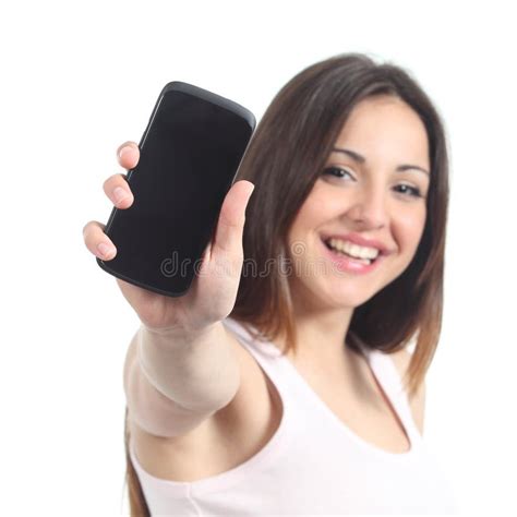 Happy Woman Showing A Black Mobile Phone Screen Stock Image Image Of