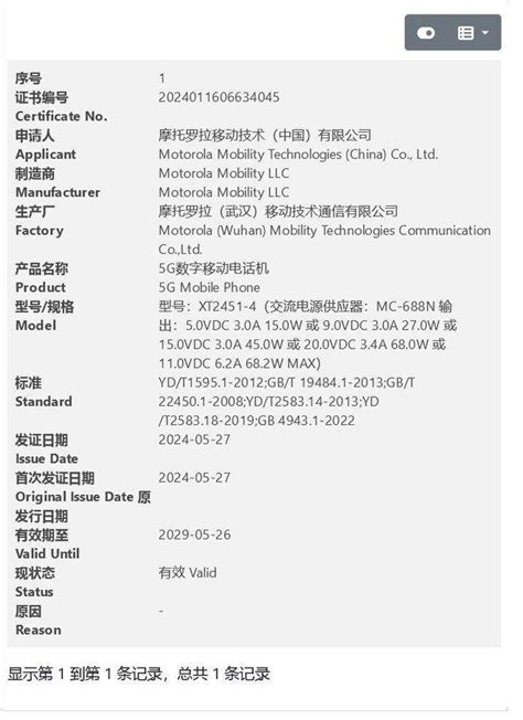 摩托罗拉 Razr 50 Ultra 手机通过 3c 认证，支持 68w 快充 充电器 显示 型号