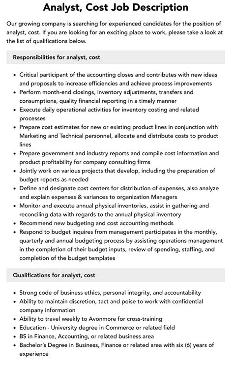 Analyst Cost Job Description Velvet Jobs