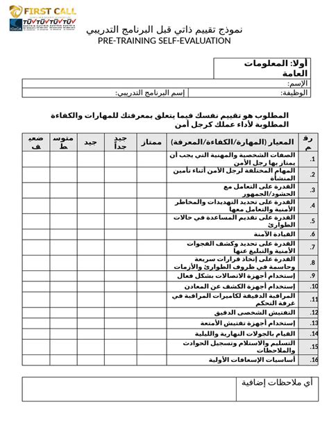 Pre Training Self Evaluation Form نموذج تقييم ذاتى قبل التدريب Pdf
