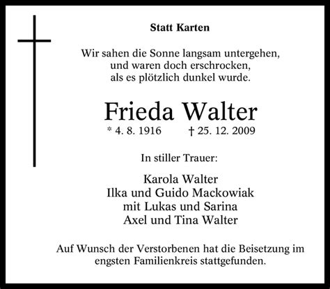 Traueranzeigen Von Frieda Walter Trauer In Nrw De