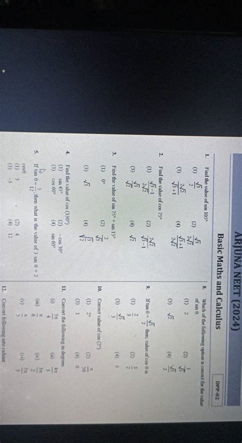 arjuna neet 2024 basic maths and calculus 1 find the value of sin105∘