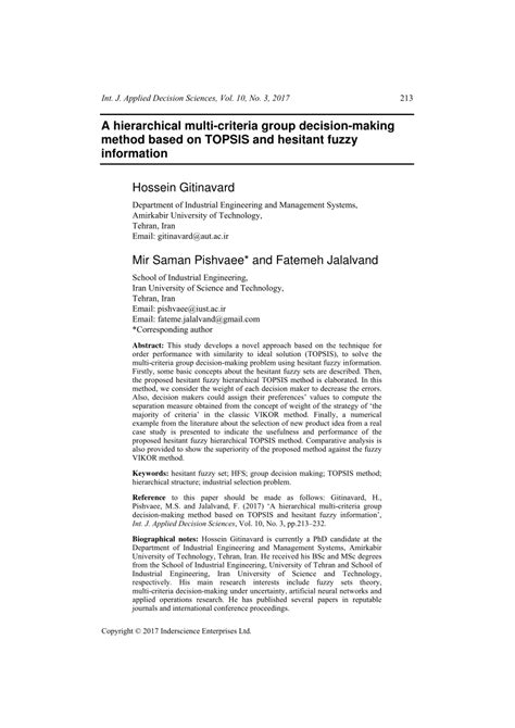 pdf a hierarchical multi criteria group decision making method based