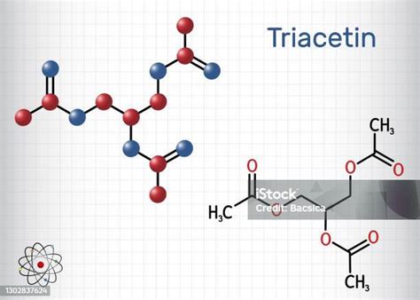 트리아세틴 글리세린 트리아세테이트 분자 그것은 트리 글리세라이드 글리세롤의 트리세터 식품 첨가물 E1518입니다 구조 화학 공식 분자 모델 케이지에 종이 시트 벡터에 대한