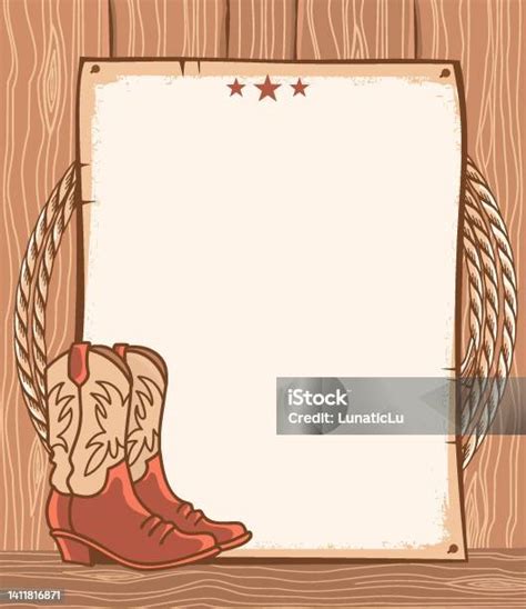 텍스트에 대한 카우보이 종이 배경 카우보이 부츠와 로데오 올가미가 나무 질감에 새겨진 벡터 웨스턴 일러스트 레이 션 개척시대의 서부에 대한 스톡 벡터 아트 및 기타 이미지