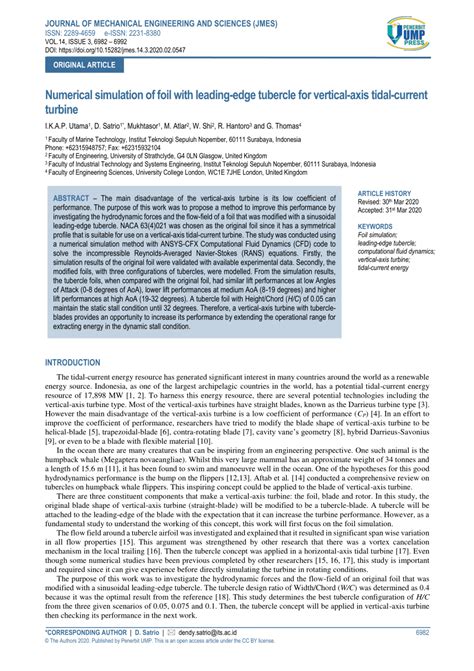 Pdf Numerical Simulation Of Foil With Leading Edge Tubercle For Vertical Axis Tidal Current