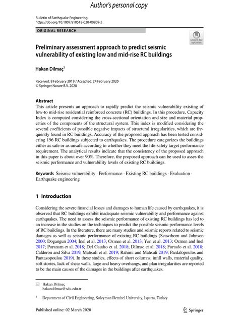 Pdf Preliminary Assessment Approach To Predict Seismic Vulnerability Of Existing Low And Mid