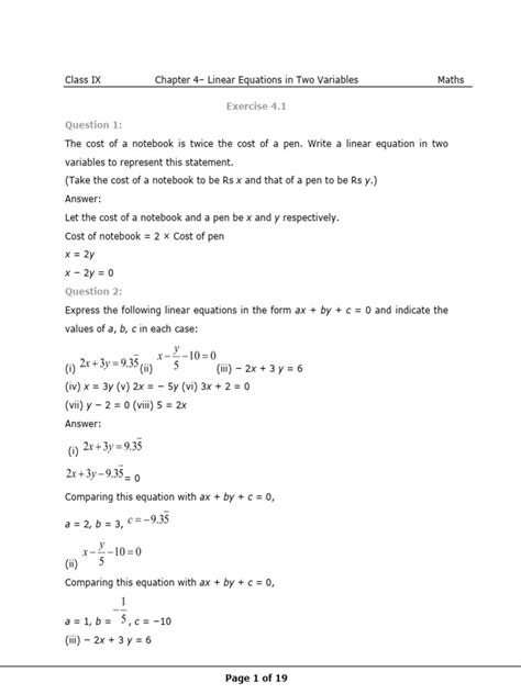 Chapter 4 Linear Equations In Two Variables Pdf