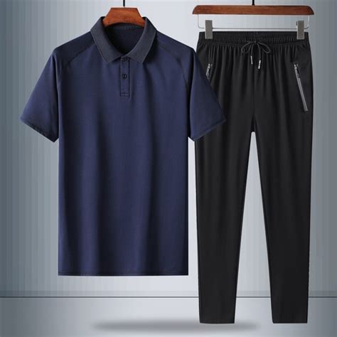 2 In 1 여름 통기성 얼음 실크 폴로 셔츠 Raglan 반팔 티셔츠 바지 루즈 캐주얼 스포츠 정장 중년 및 노인 남성