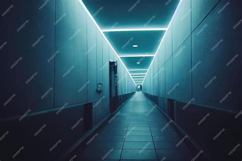 파란색과 회색 파스텔 색상의 미니멀한 복도 디자인의 래스터 그림 바닥과 천장에 네온 블루 조명 타일 비즈니스를 위한 단순한 인테리어 미래주의 3d 아트웍 배경 프리미엄 사진