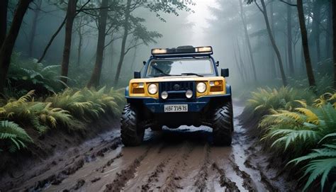 Photorealistic View Of Offroad Vehicle With Nature Terrain And Weather Conditions Premium AI
