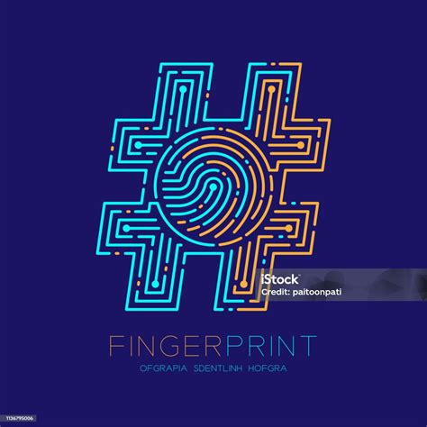 해시 태그 서명 지문 스캔 패턴 로고 대시 라인 디지털 소셜 네트워크 개념 편집 가능한 스트로크 그림 오렌지와 지문 텍스트와 어두운 파란색 배경에 고립 벡터 접근성에 대한