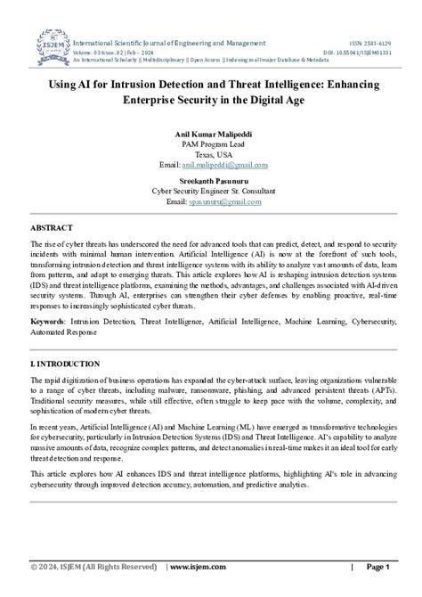 Pdf Using Ai For Intrusion Detection And Threat Intelligence Enhancing Enterprise Security In