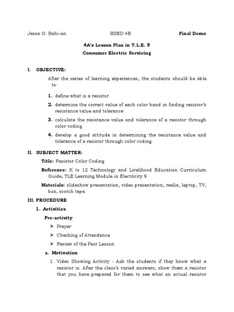 4a s lesson plan resistor color coding pdf resistor color