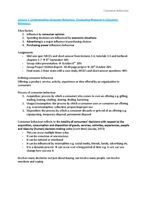 Consumer Behaviour Lecture Notes All Lecture 1 Understanding