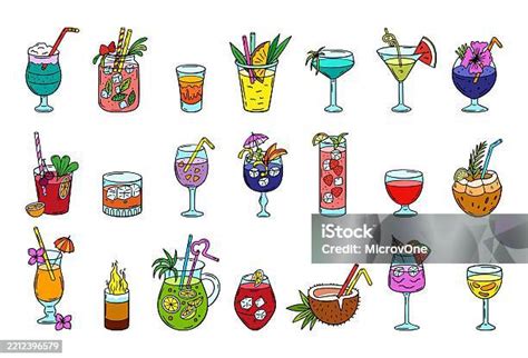 낙서 해변 칵테일 과일 얼음 조각을 곁들인 손으로 그린 칵테일 레모네이드 알코올 및 무알콜 음료 상쾌한 음료 Neoteric 벡터 세트 0명에 대한 스톡 벡터 아트 및 기타