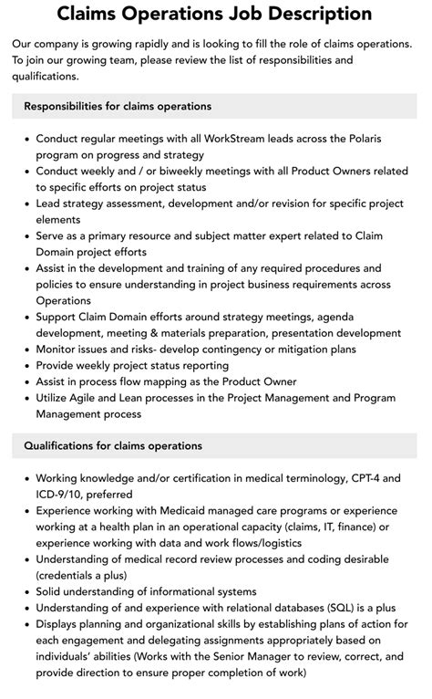 Claims Operations Job Description Velvet Jobs