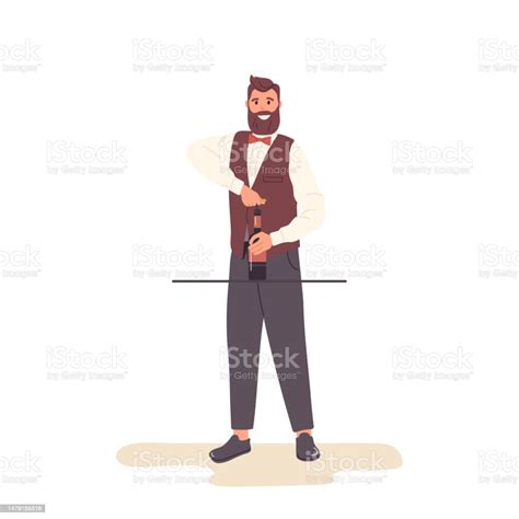 전문 소믈리에 또는 바텐더는 코르크 마개를 사용하여 균일 한 적포도주 병을 착용하고 있습니다 건강관리와 의술에 대한 스톡 벡터 아트 및 기타 이미지 Istock