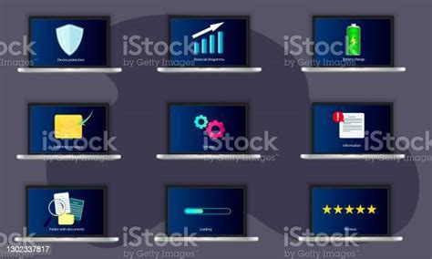 컴퓨터 매개 변수 설정입니다 랩톱에서 관리 기능 소프트웨어 배터리 전원 시스템 보안 들어오는 메시지 문서 폴더 벡터 일러스트레이션 0명에 대한 스톡 벡터 아트 및 기타